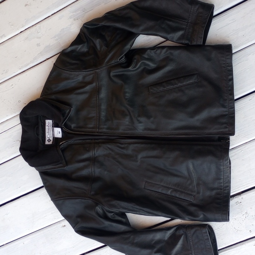 Men's Columbia Black Leather Lined Coat Size Large - Gem